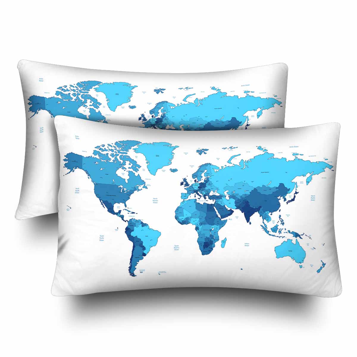 Map themed Rectangle Pillow Cases printed World map of blue colors Nam ...